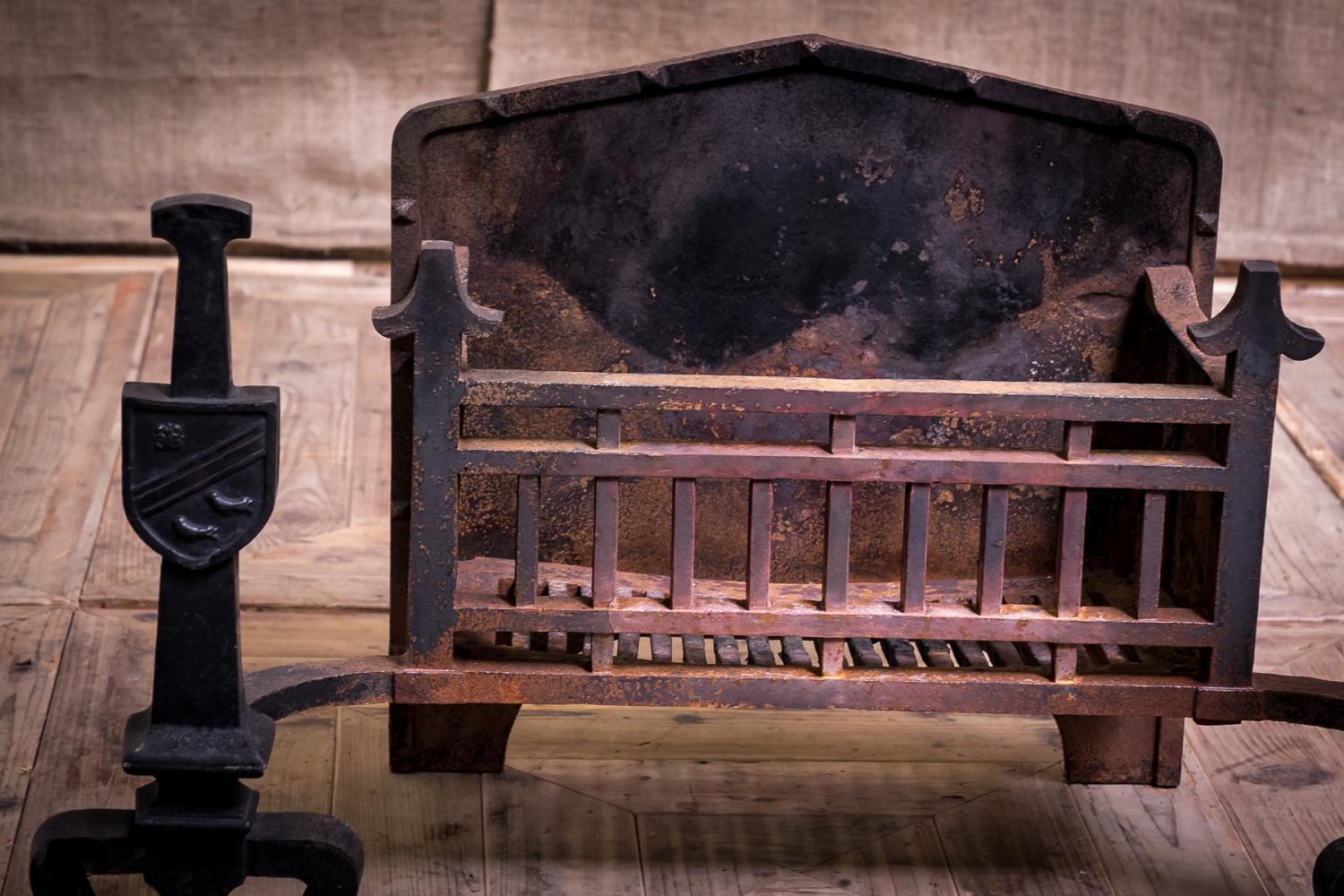 Antique 19th Century Baronial Fire Grate with Heraldic Andirons For ...