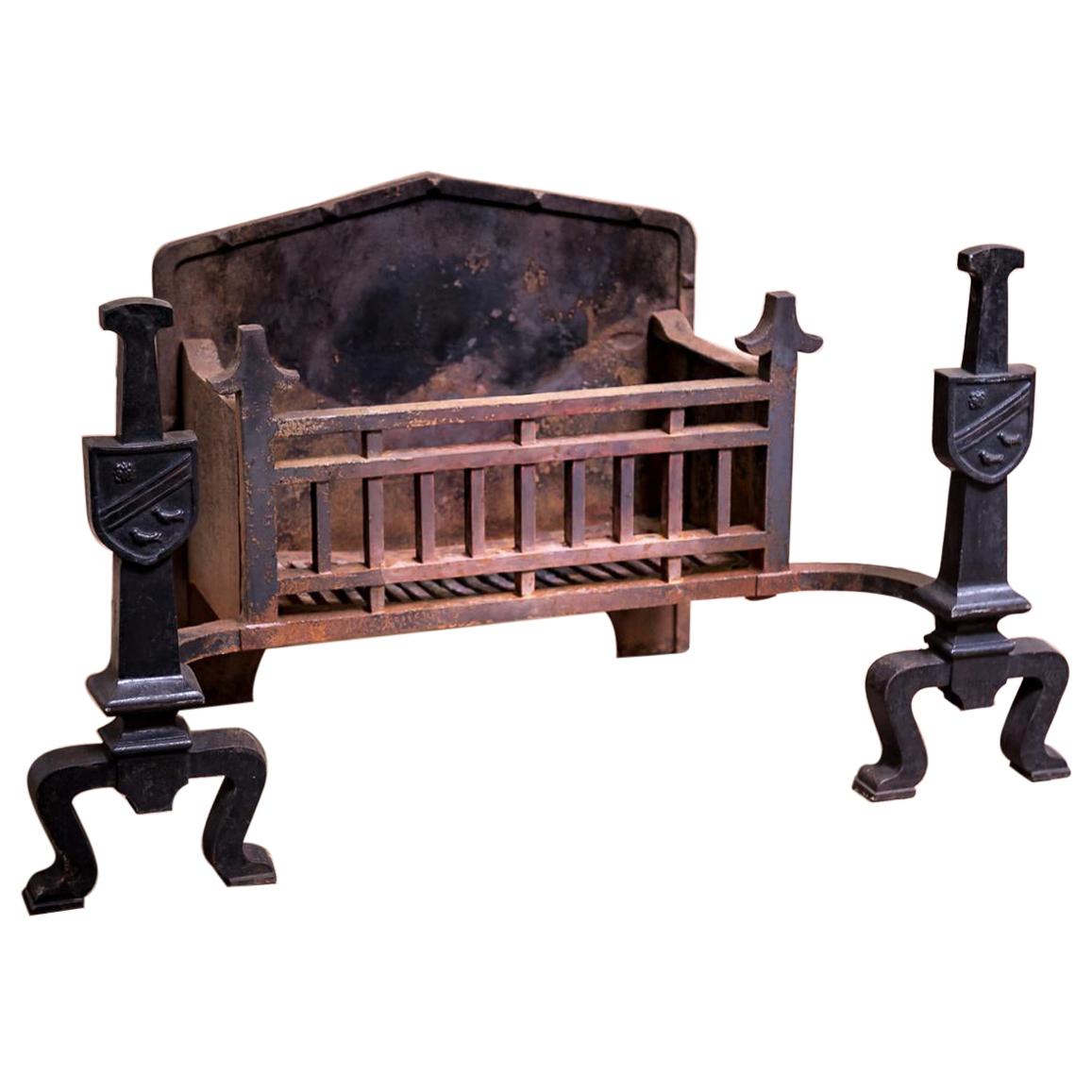 Antique 19th Century Baronial Fire Grate with Heraldic Andirons For ...