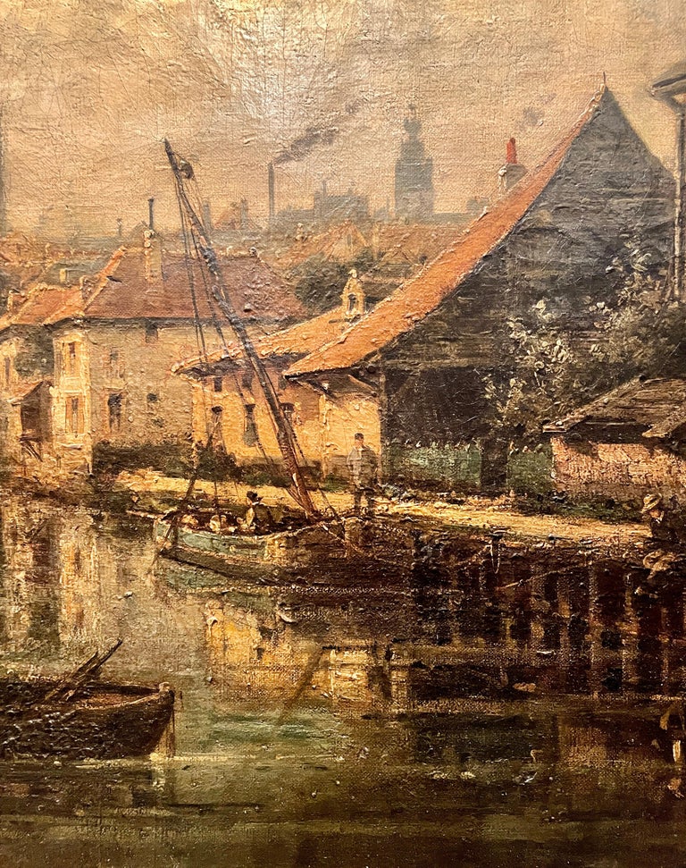Antique 19th Century Belgian School Oil Painting "View of Town Along a ...