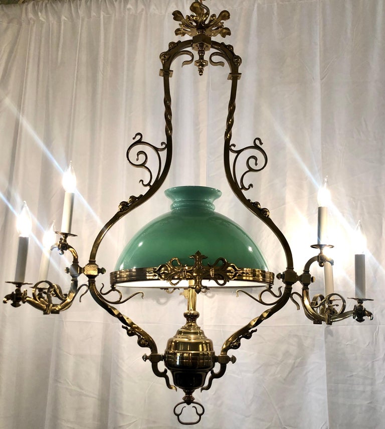Antique 19th Century Brass "Gasolier" Chandelier with Original Green ...