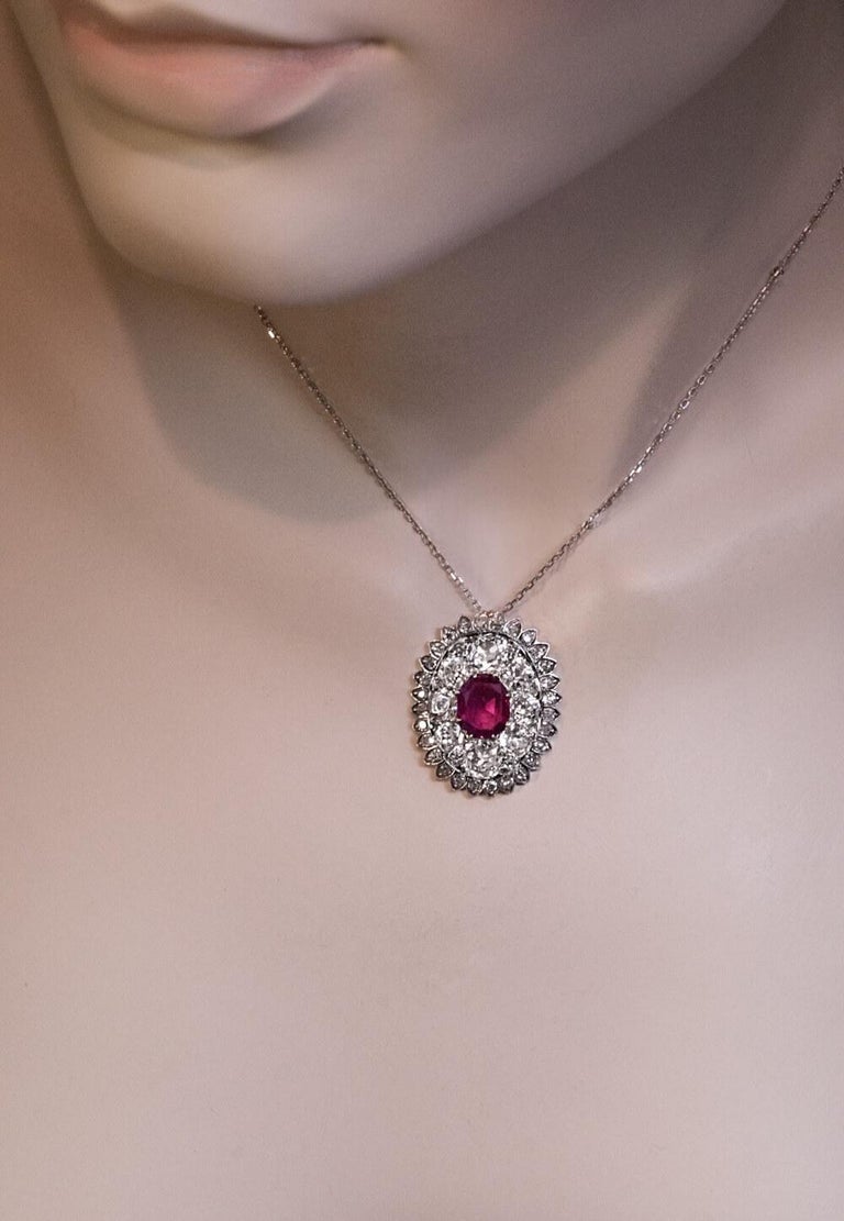 Antique 19th Century Burma Ruby 7 Carat Diamond Pendant For Sale at 1stDibs