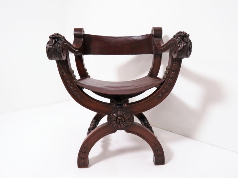 Antique 19th Century Carved Mahogany Curule Chair with Leather Slings ...