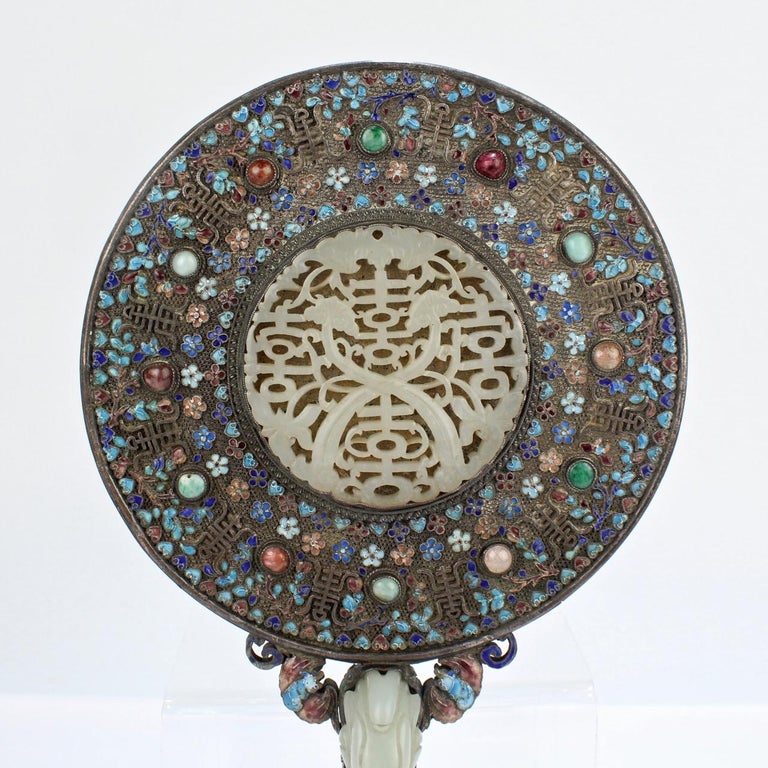 Antique 19th Century Chinese Silver Enamel and Jade Hand Mirror For ...