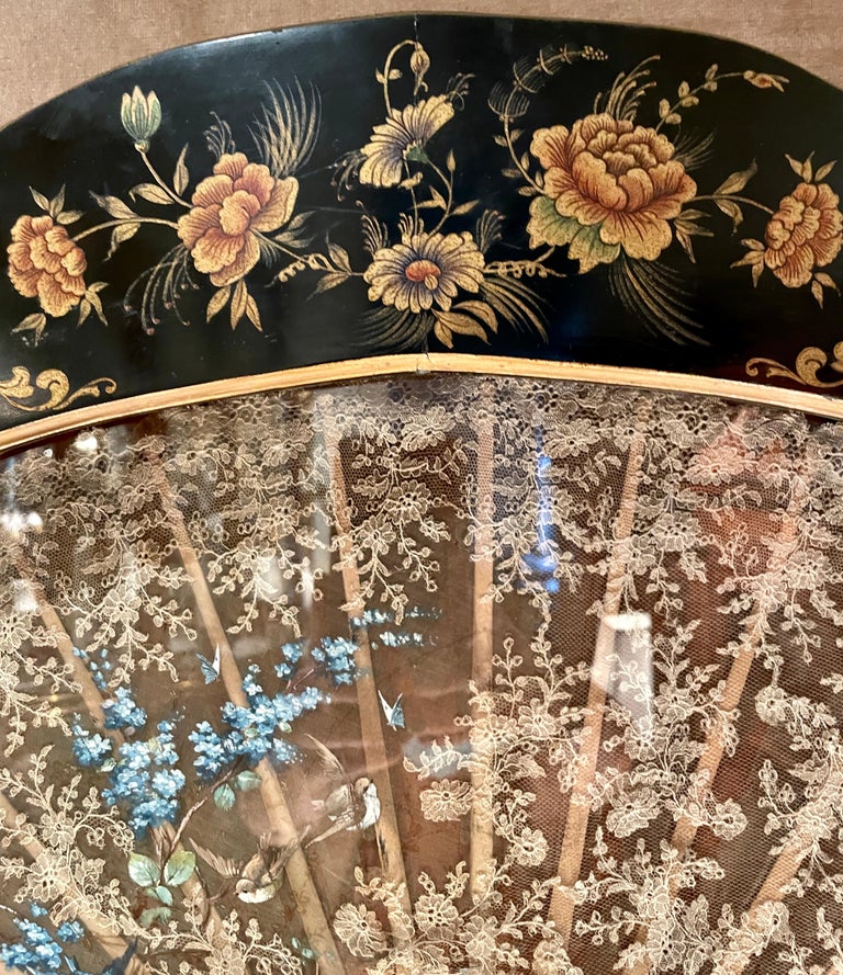 Antique 19th Century Chinoiserie Hand-Made Fan in a Lacquered Frame ...