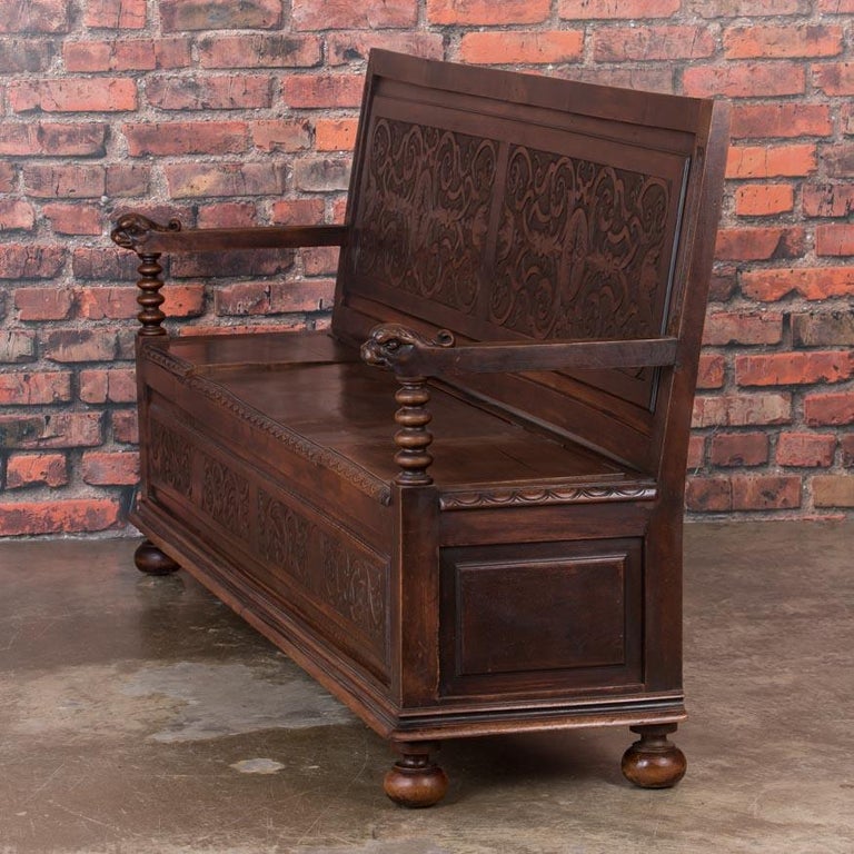 Antique 19th Century Danish Carved Walnut Storage Bench at 1stDibs