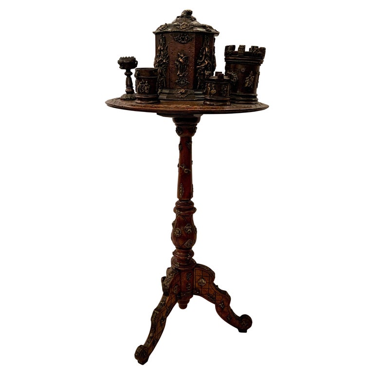 Antique 19th Century English Copper and Brass Mounted Carved Walnut ...