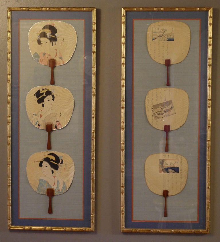 Antique 19th Century Framed Japanese Silk Fans For Sale at 1stDibs