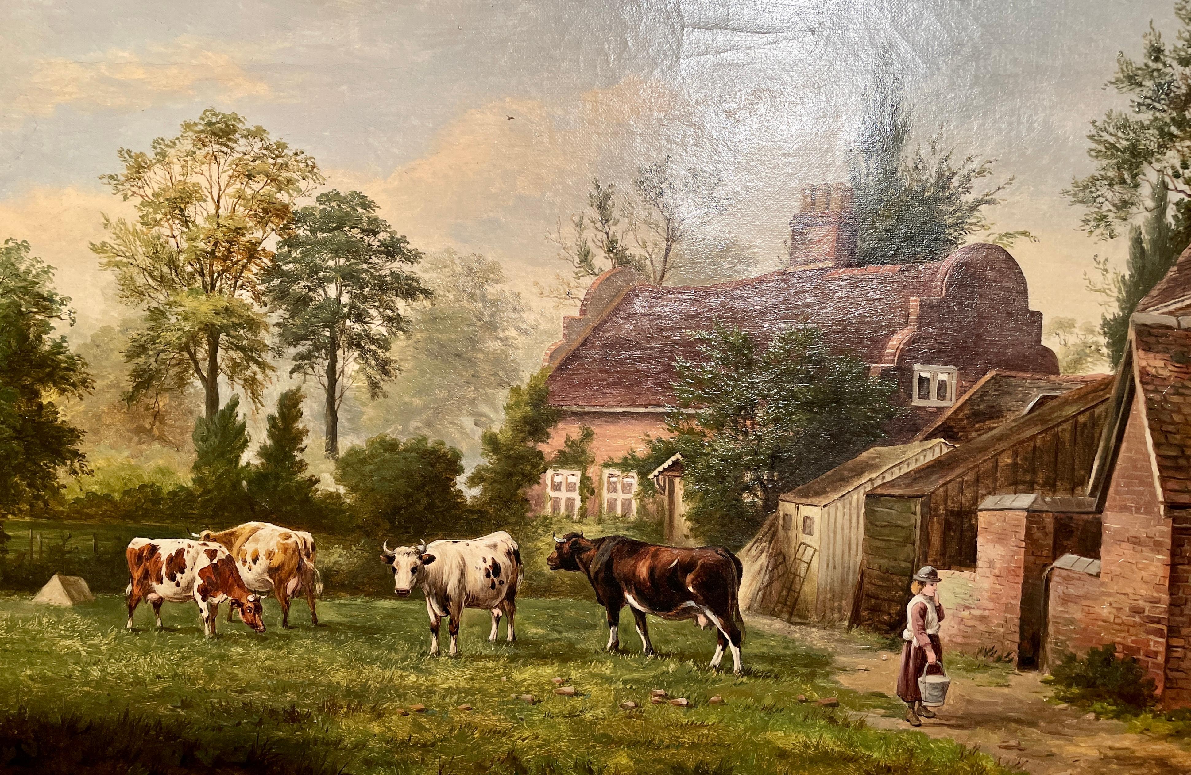 Antique 19th Century Framed Oil on Canvas Farm Scene Painting Signed L ...