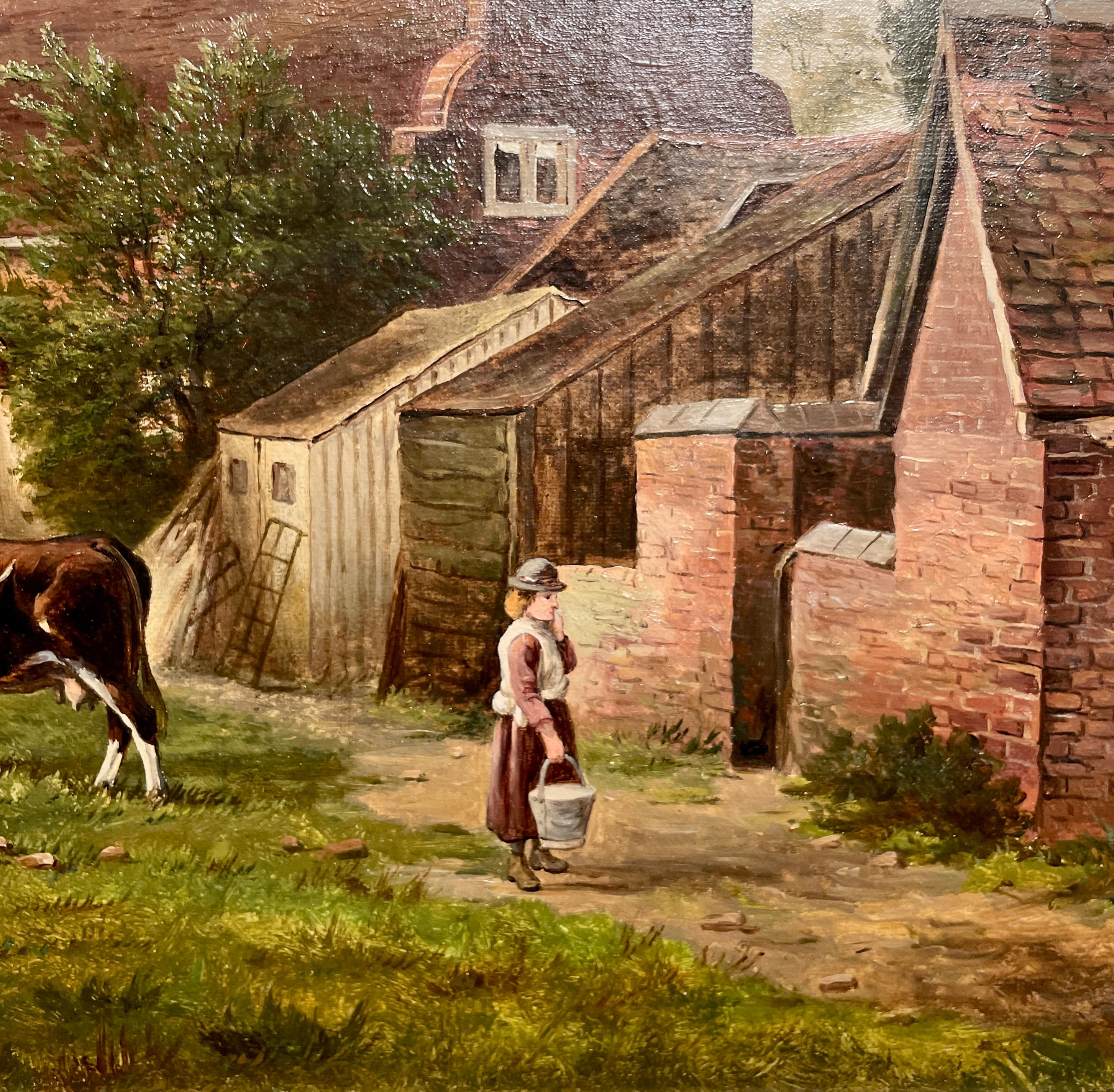 Antique 19th Century Framed Oil on Canvas Farm Scene Painting Signed L ...