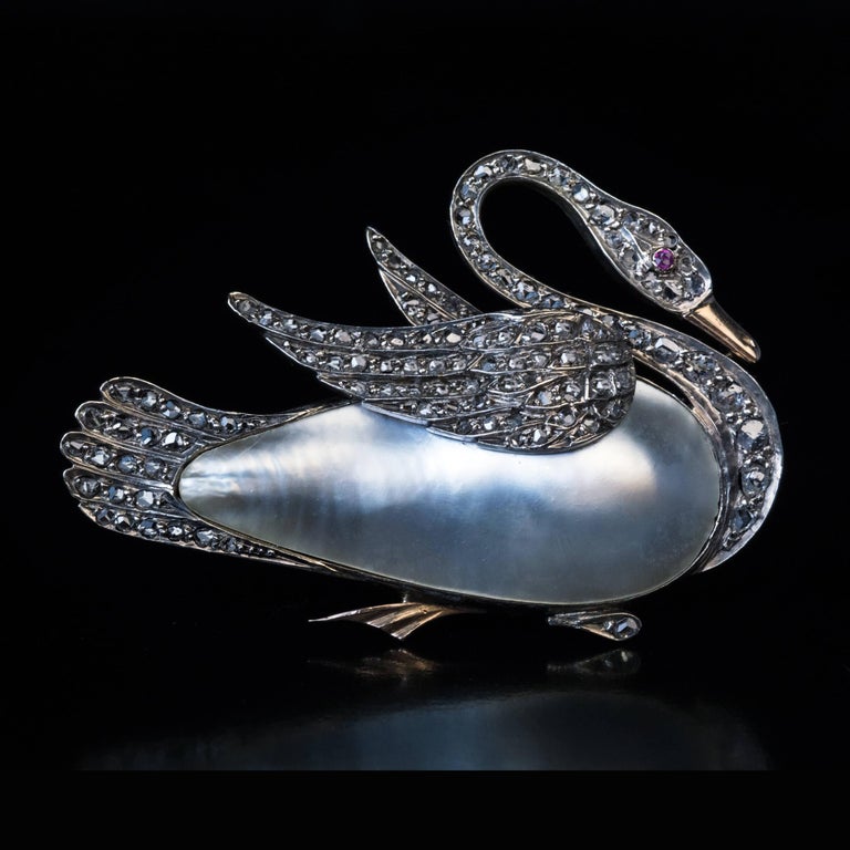Antique 19th Century French Mother of Pearl Diamond Swan Brooch For ...