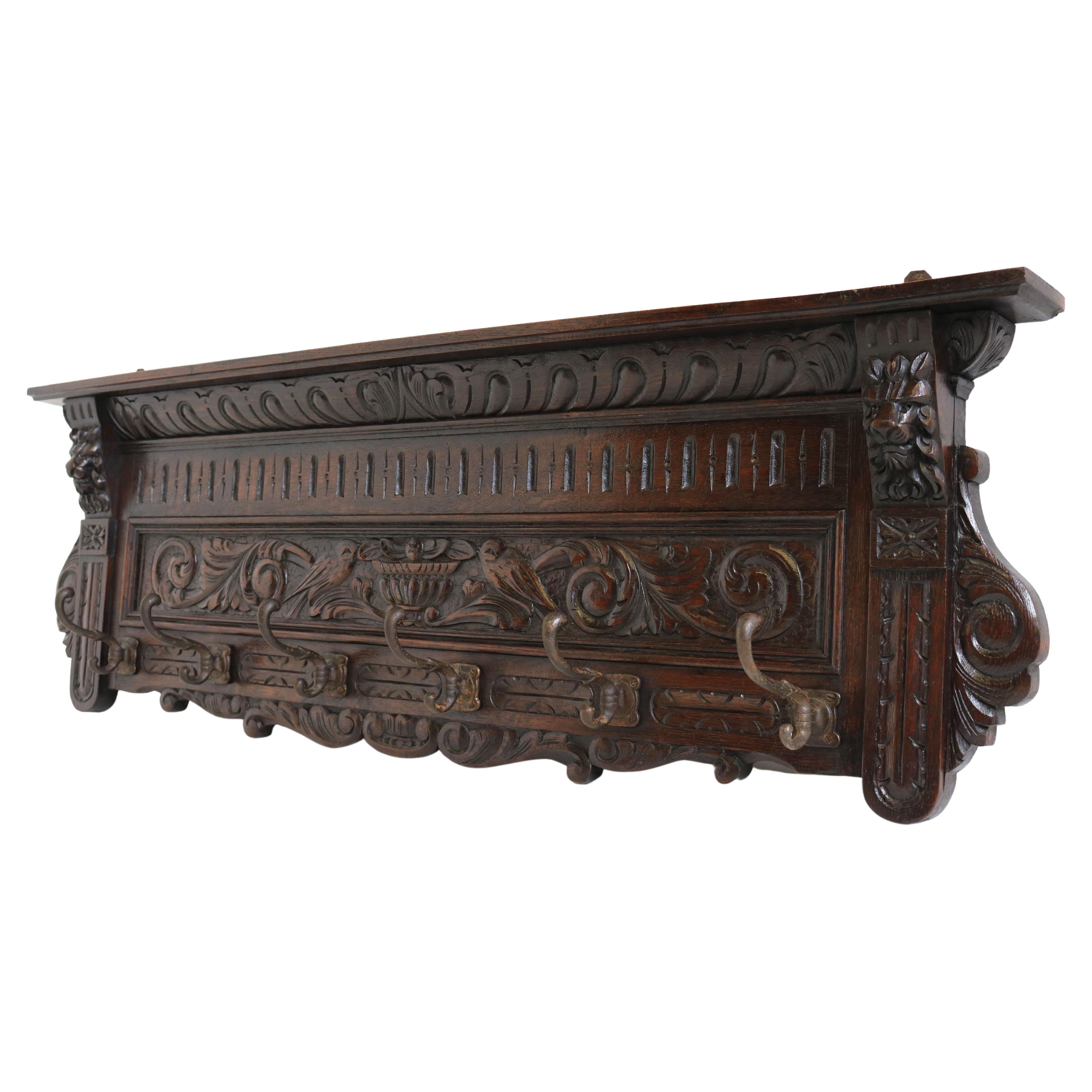 Antique Hand Carved Gothic Revival Coat Rack with Hand Forged Wrought ...