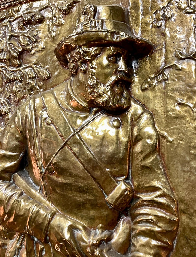 Antique 19th Century French Repoussé Brass Panel, "Hunter and His Dog ...