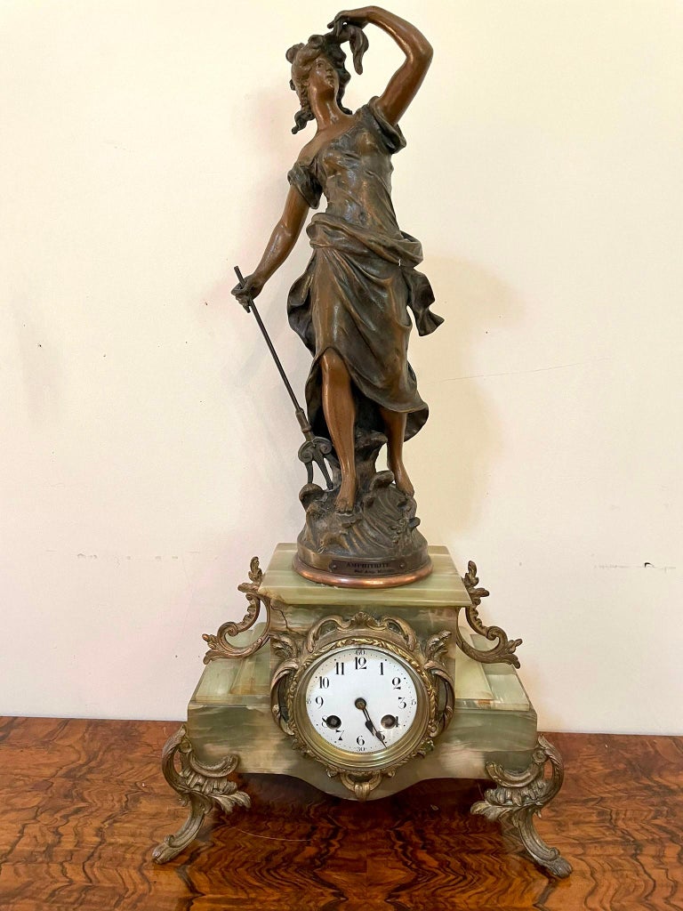 Antique 19th Century French Spelter and Onyx Clock For Sale at 1stDibs