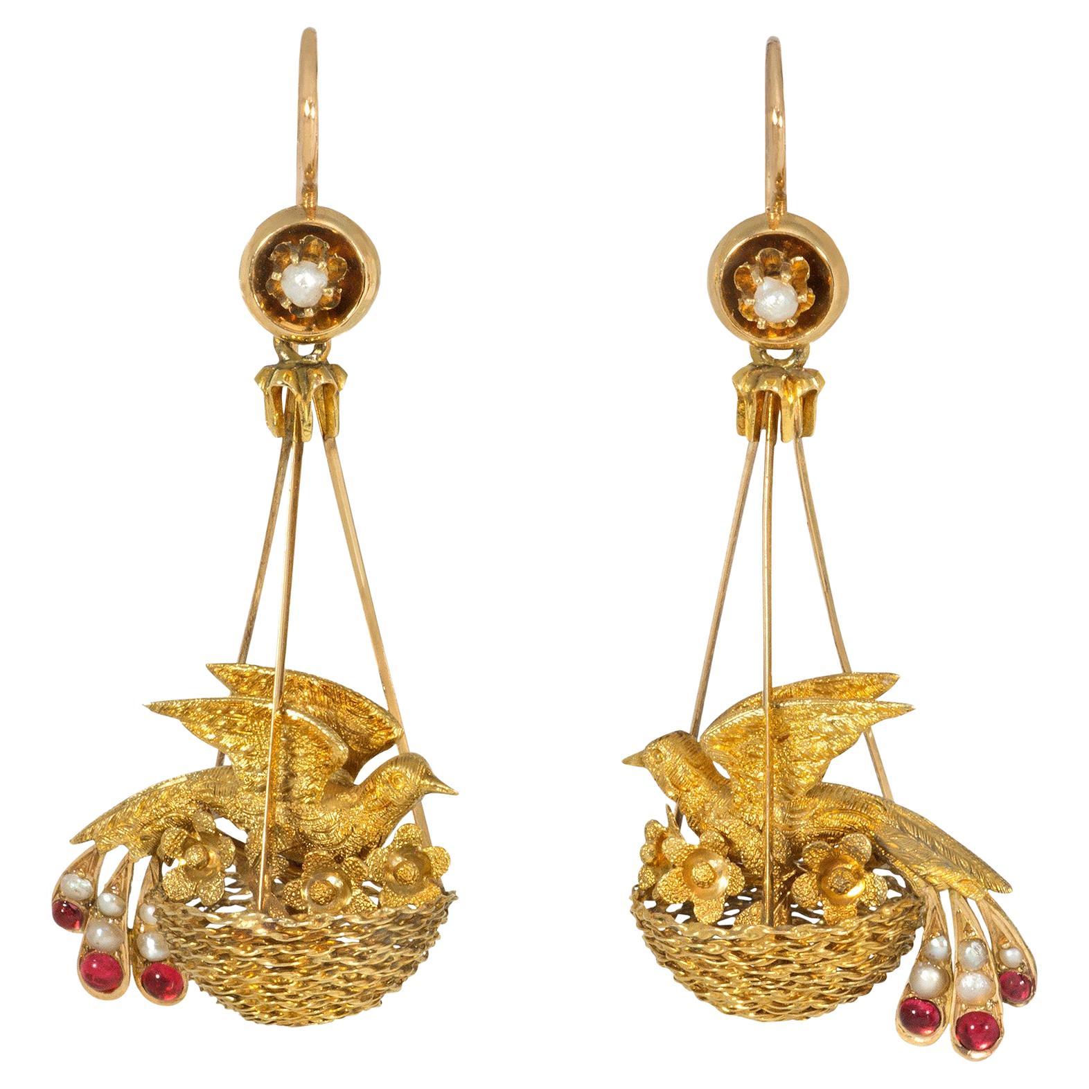 Antique 19th Century Gold Nesting Bird Earrings with Ruby and Pearl ...