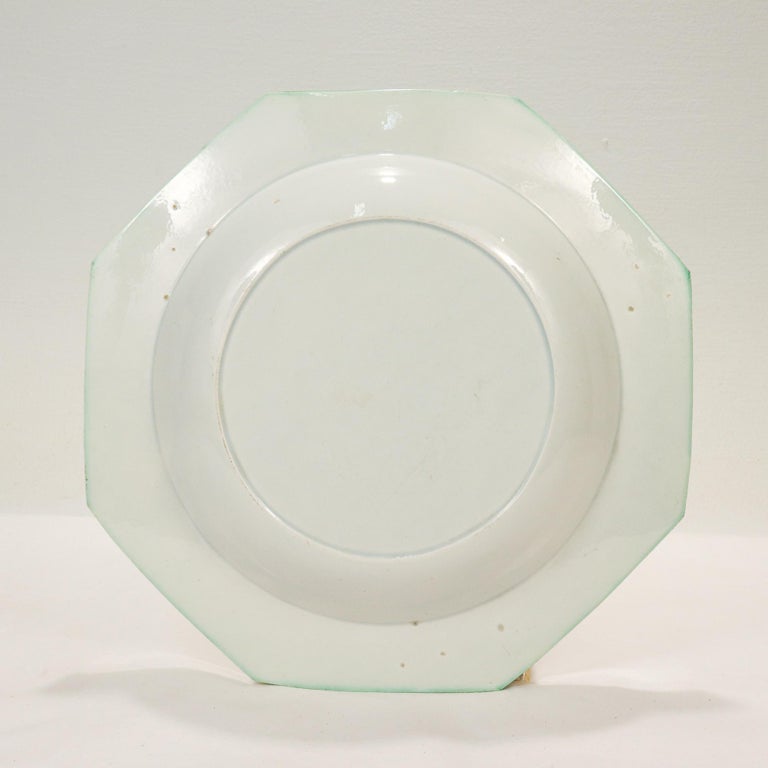 Antique 19th Century Leeds Creamware Green Feather Border Octagonal ...