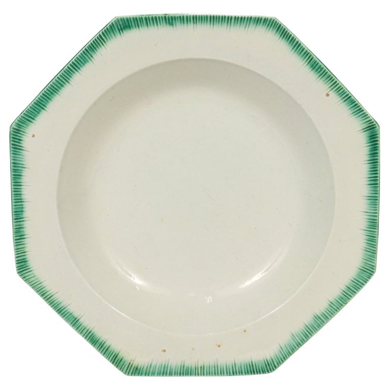 Antique 19th Century Leeds Creamware Green Feather Border Octagonal ...