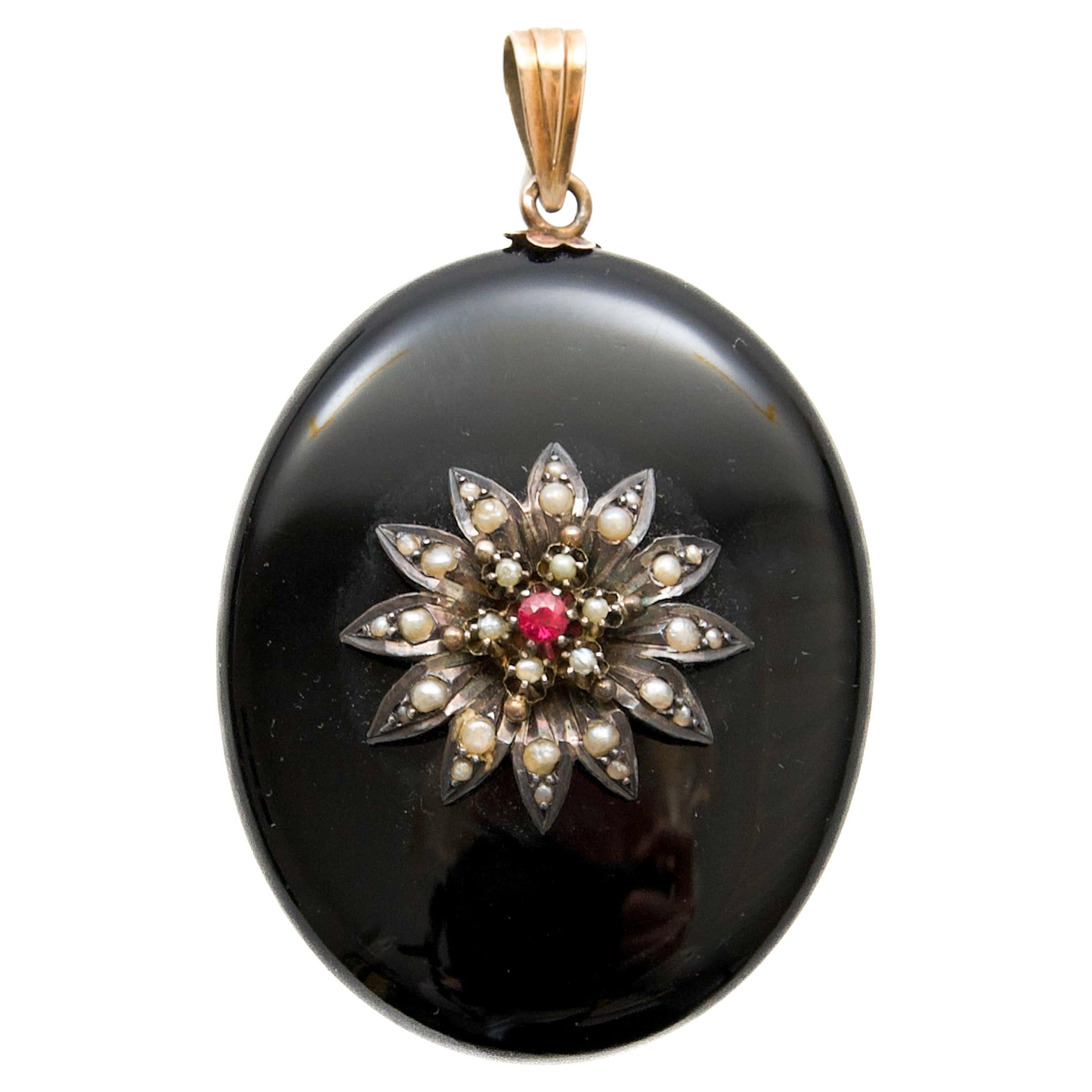 Antique 19th Century Onyx, Seed Pearl and Ruby Locket Pendant For Sale ...