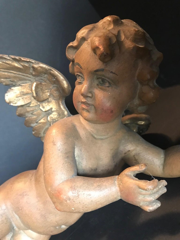 Antique 19th Century Pair of Carved and Polychrome Wood Putti ...