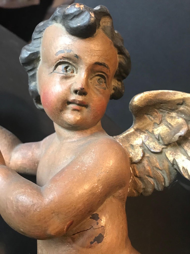 Antique 19th Century Pair of Carved and Polychrome Wood Putti ...