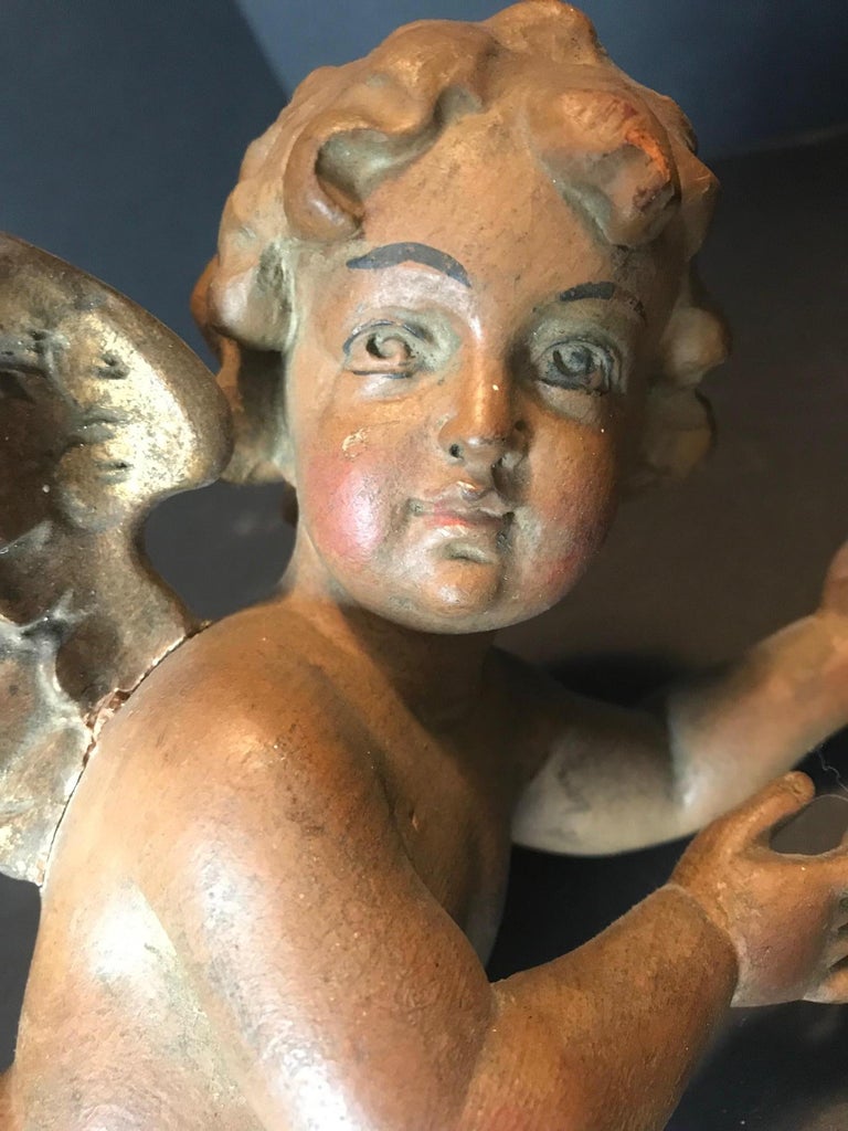 Antique 19th Century Pair of Carved and Polychrome Wood Putti ...