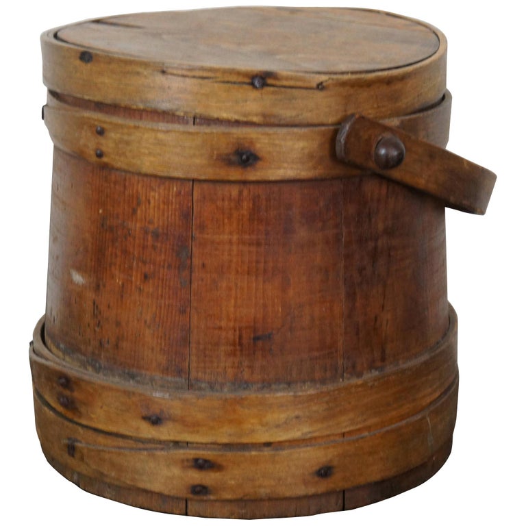 Antique 19th Century Primitive Wooden Firkin Sugar Bucket Bail Basket ...