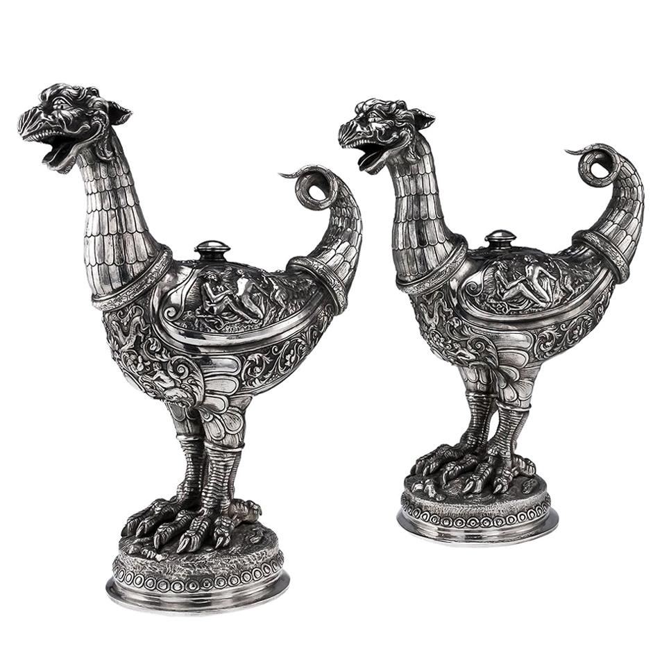 Antique 19th Century Rare German Solid Silver Pair of Monumental ...