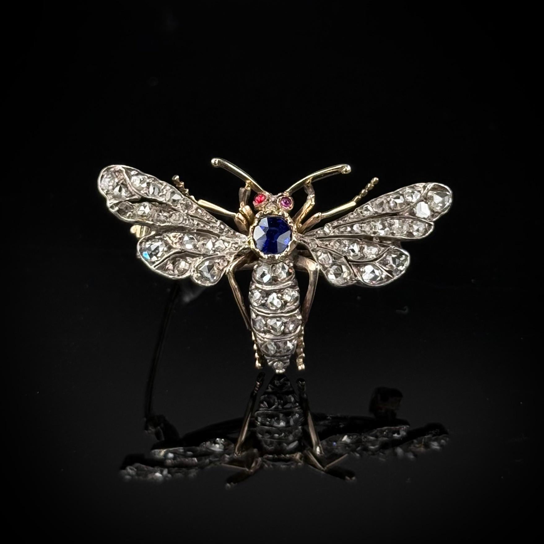 Antique 19th Century Sapphire Ruby Diamond Bee Insect Animal Brooch ...