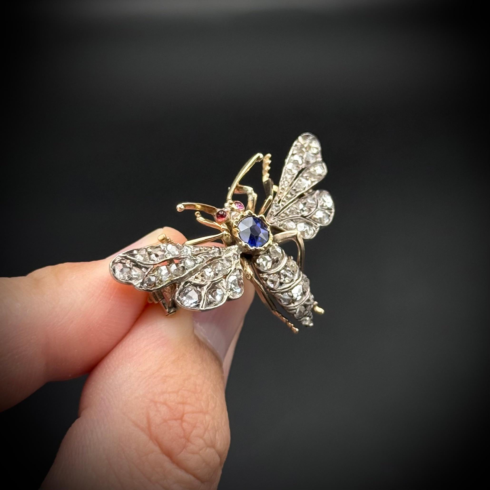 Antique 19th Century Sapphire Ruby Diamond Bee Insect Animal Brooch ...
