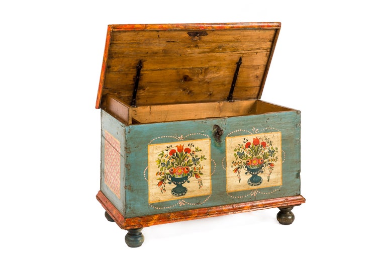 Antique 19th-century solid pine and traditional painted Bohemian trunk ...