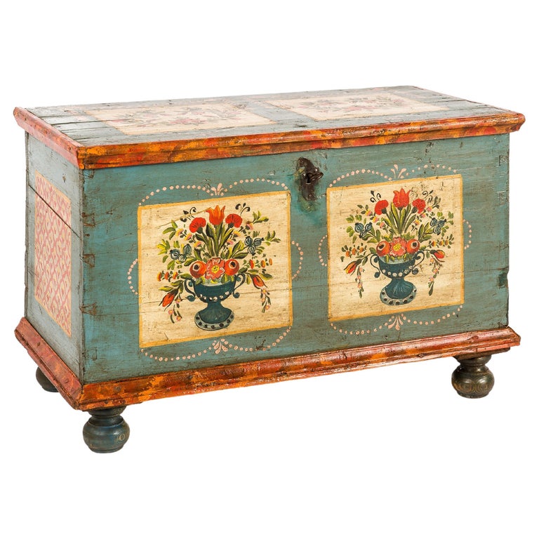 Antique 19th-century solid pine and traditional painted Bohemian trunk ...