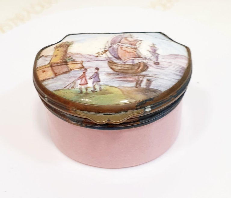Antique Hand Painted Box in Pink enamel with Harbour Scene For Sale at ...