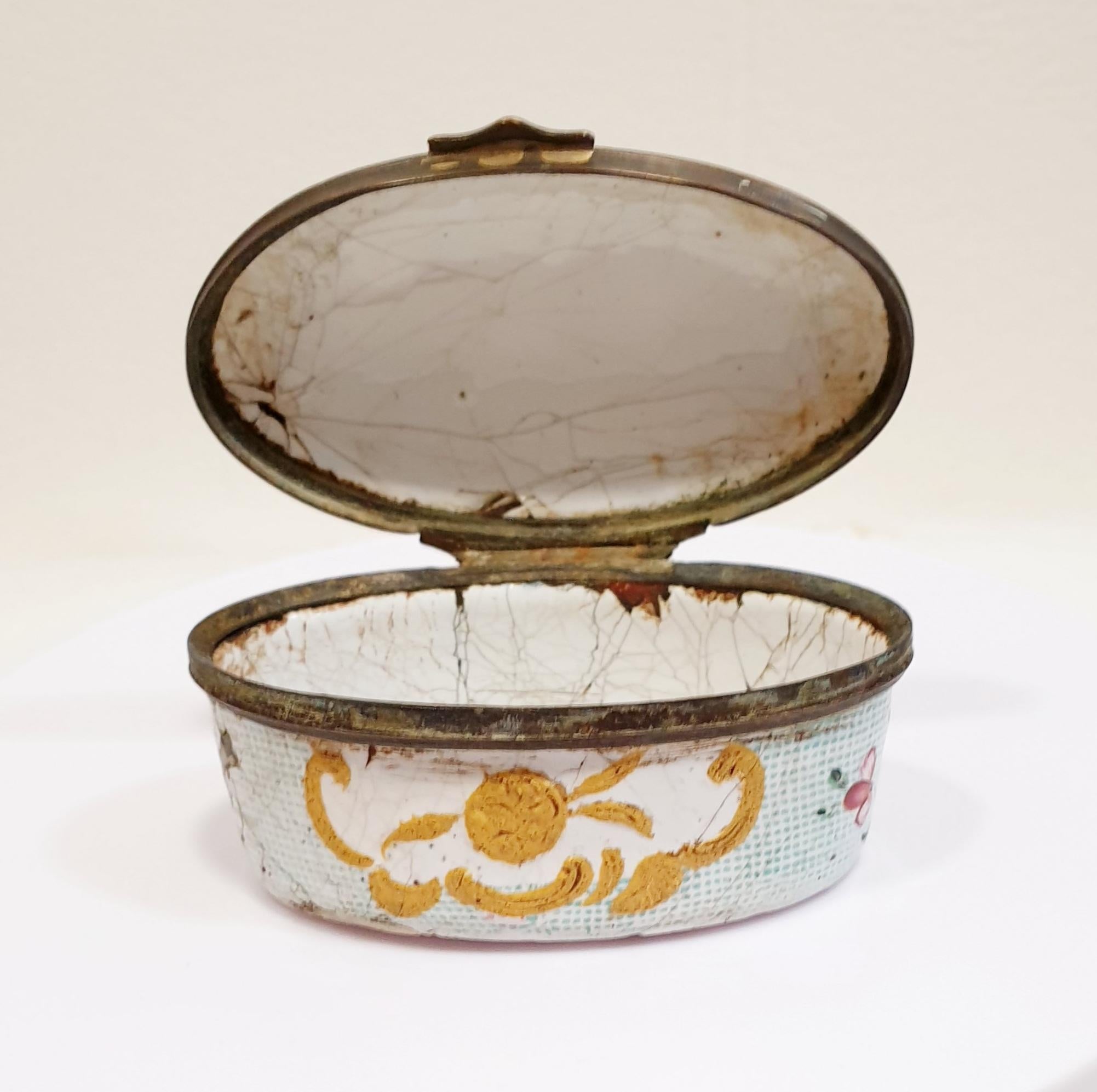 Antique Hand Painted Box in Pink enamel with Flowers For Sale at 1stDibs