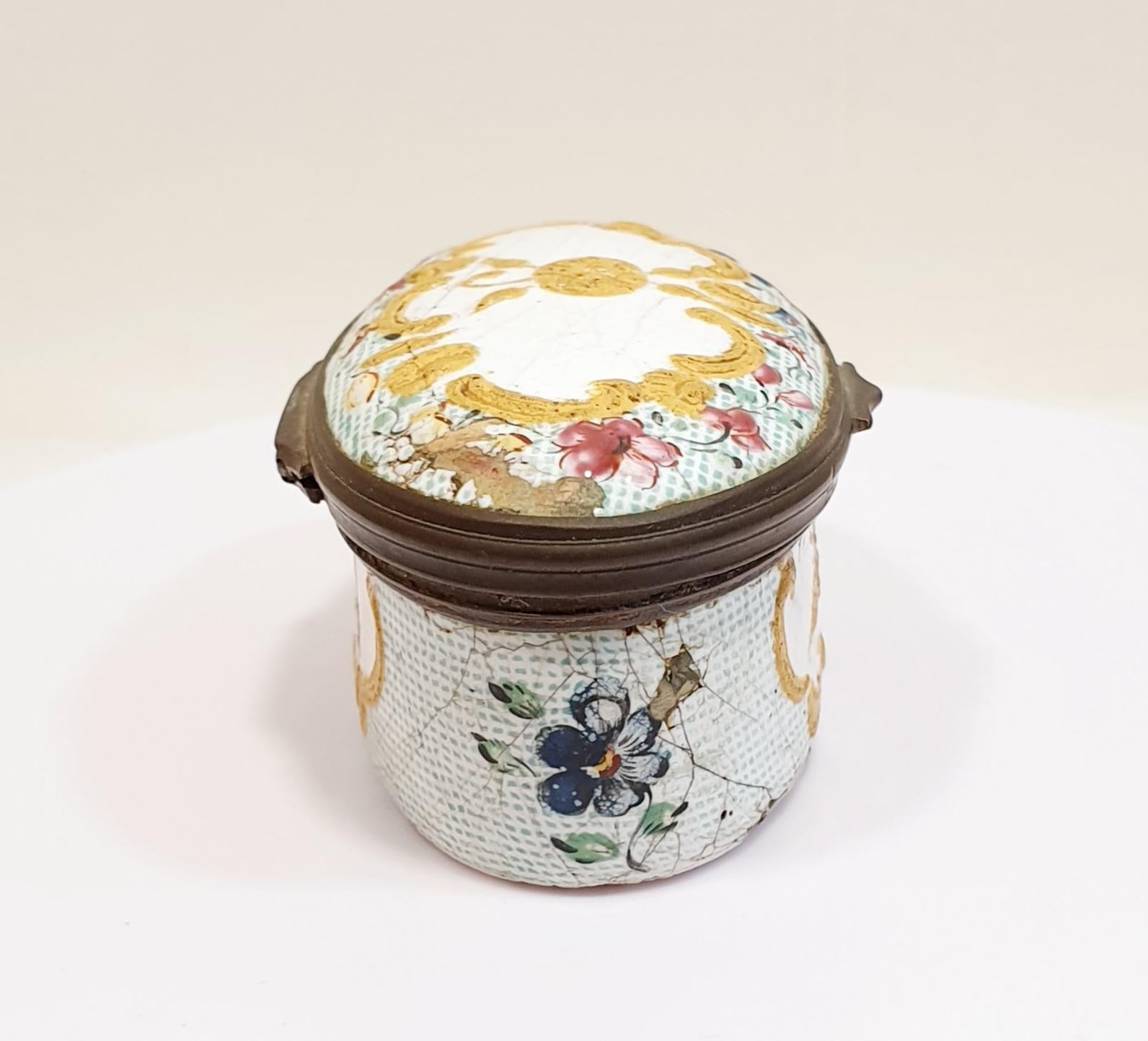 Antique Hand Painted Box in Pink enamel with Flowers For Sale at 1stDibs