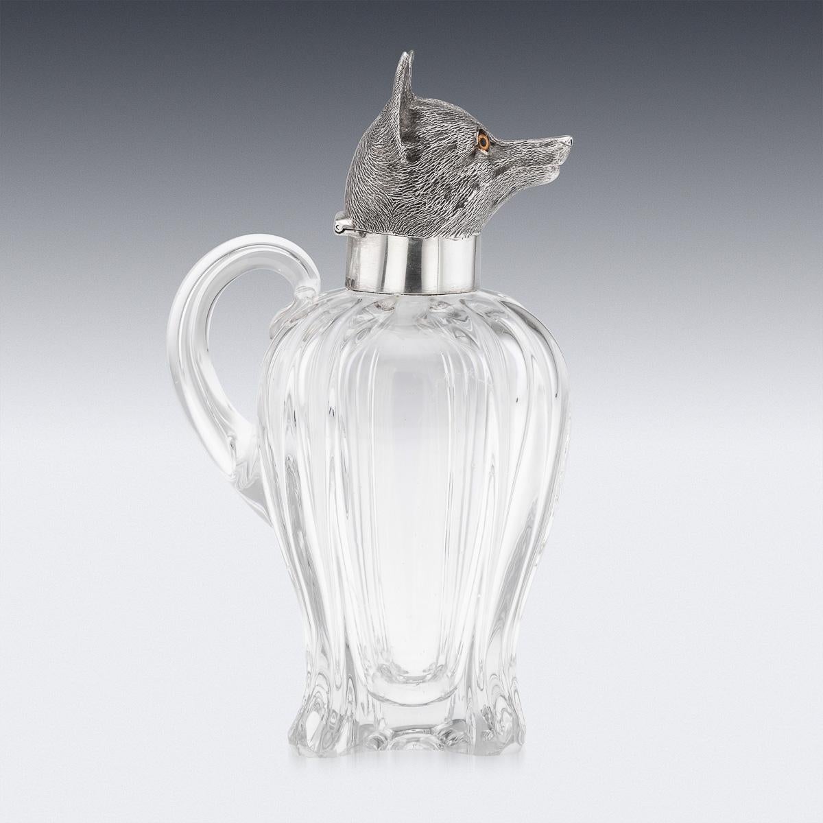 Antique 19thC Victorian Solid Silver and Glass Fox Claret Jug, London c ...