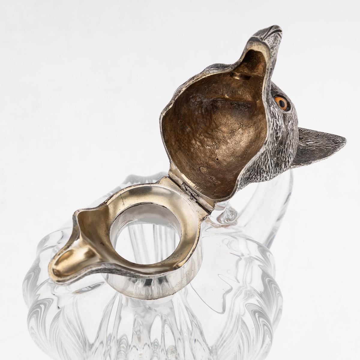 Antique 19thC Victorian Solid Silver and Glass Fox Claret Jug, London c ...