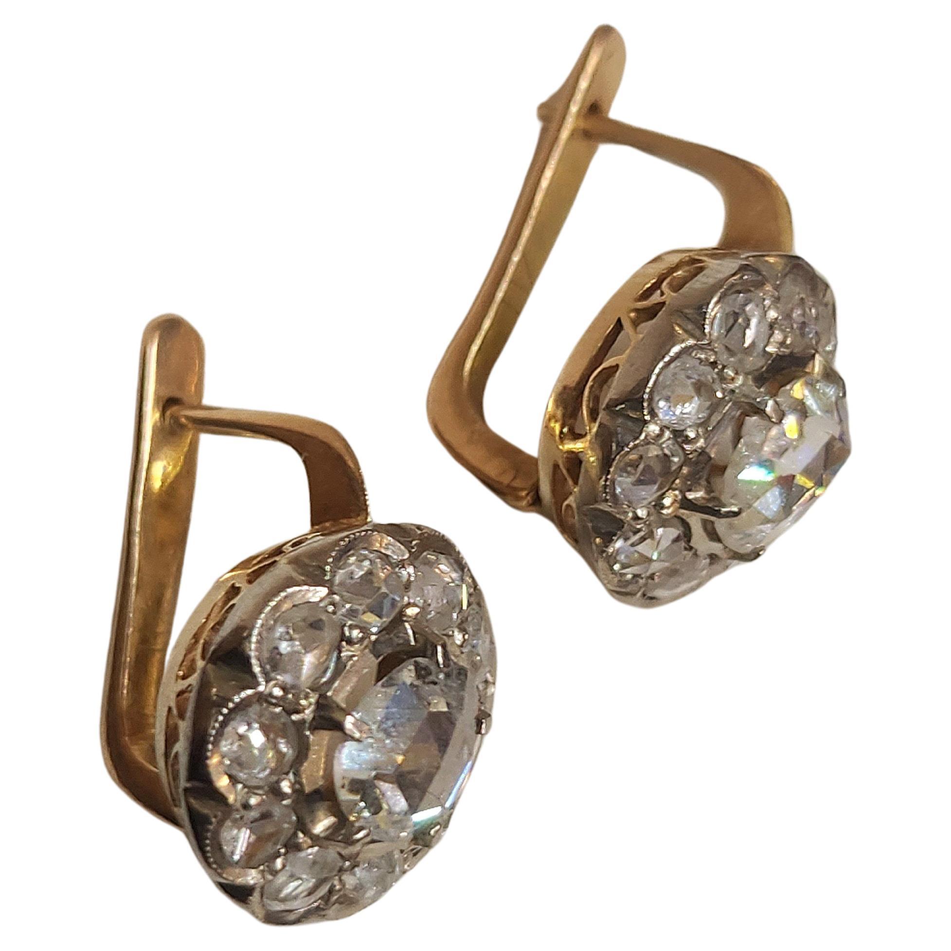 Antique 2 Carats Rose Cut Diamond Russian Gold Earrings For Sale at 1stDibs