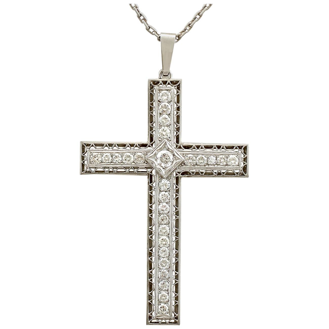 Antique Sapphire Diamond Platinum Cross Pendant Necklace at 1stdibs