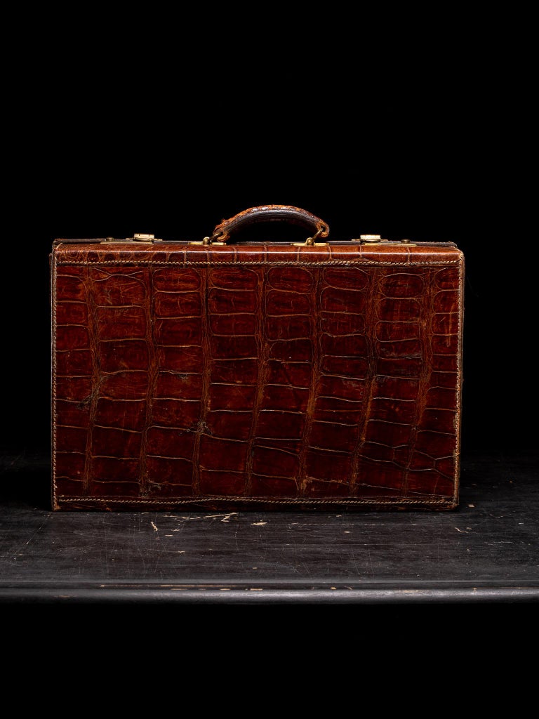 Antique 20th C Handmade Crocodile Travel Overnight Suitcase For Sale at ...