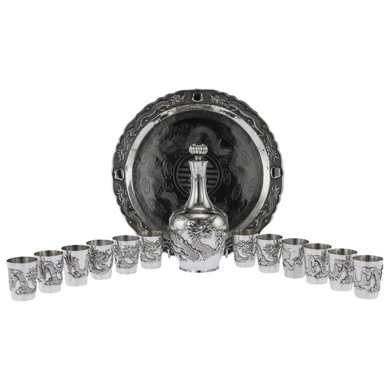 Antique 20th Century Chinese Solid Silver Dragon Sake Set on Tray ...