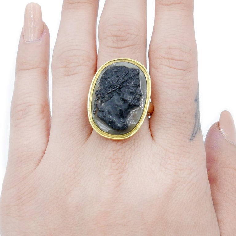 Antique 22 Karat Yellow Gold Hardstone Agate Cameo Roman Emperor Ring ...