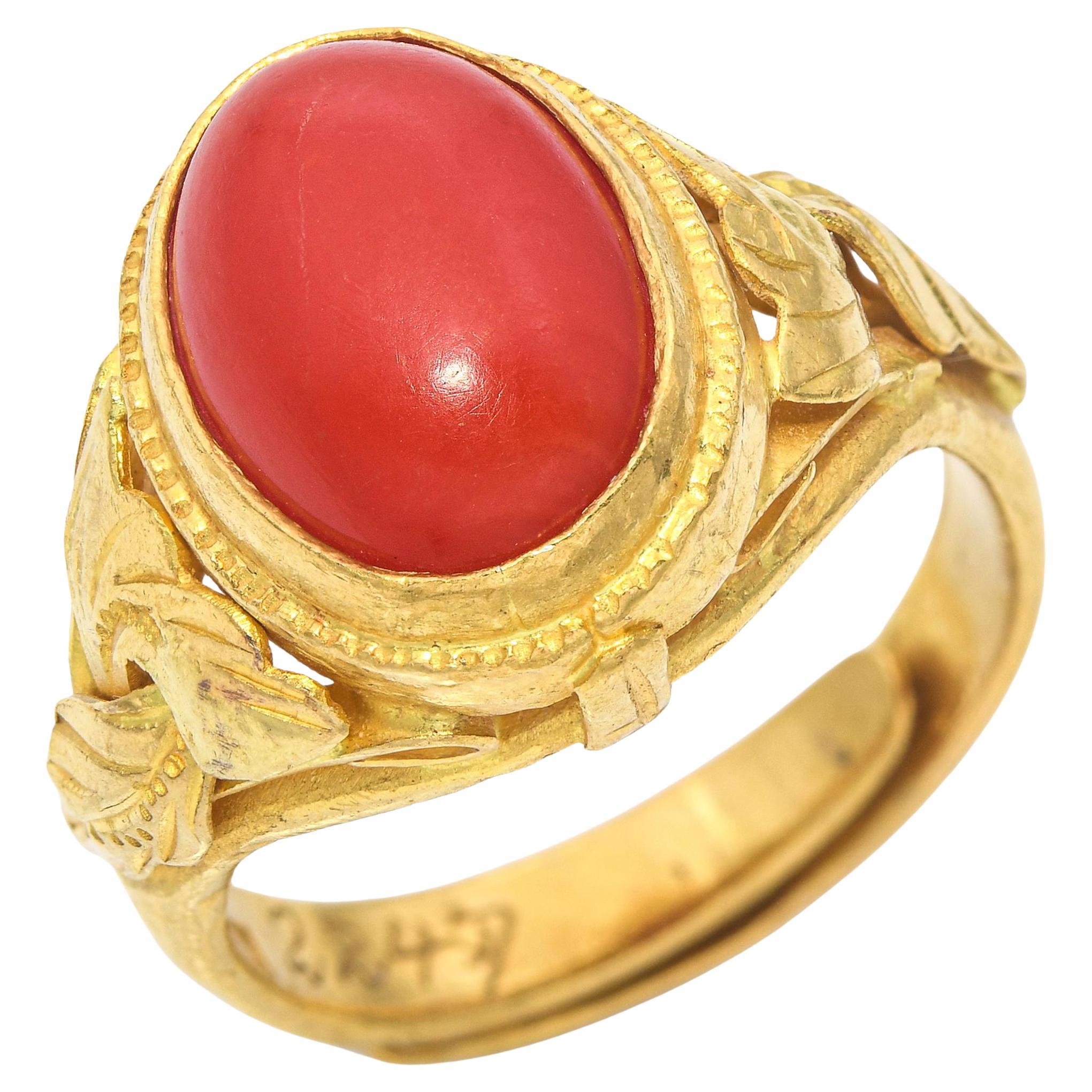 Antique 24k Yellow Gold Asian Oxblood Coral Ring For Sale at 1stDibs