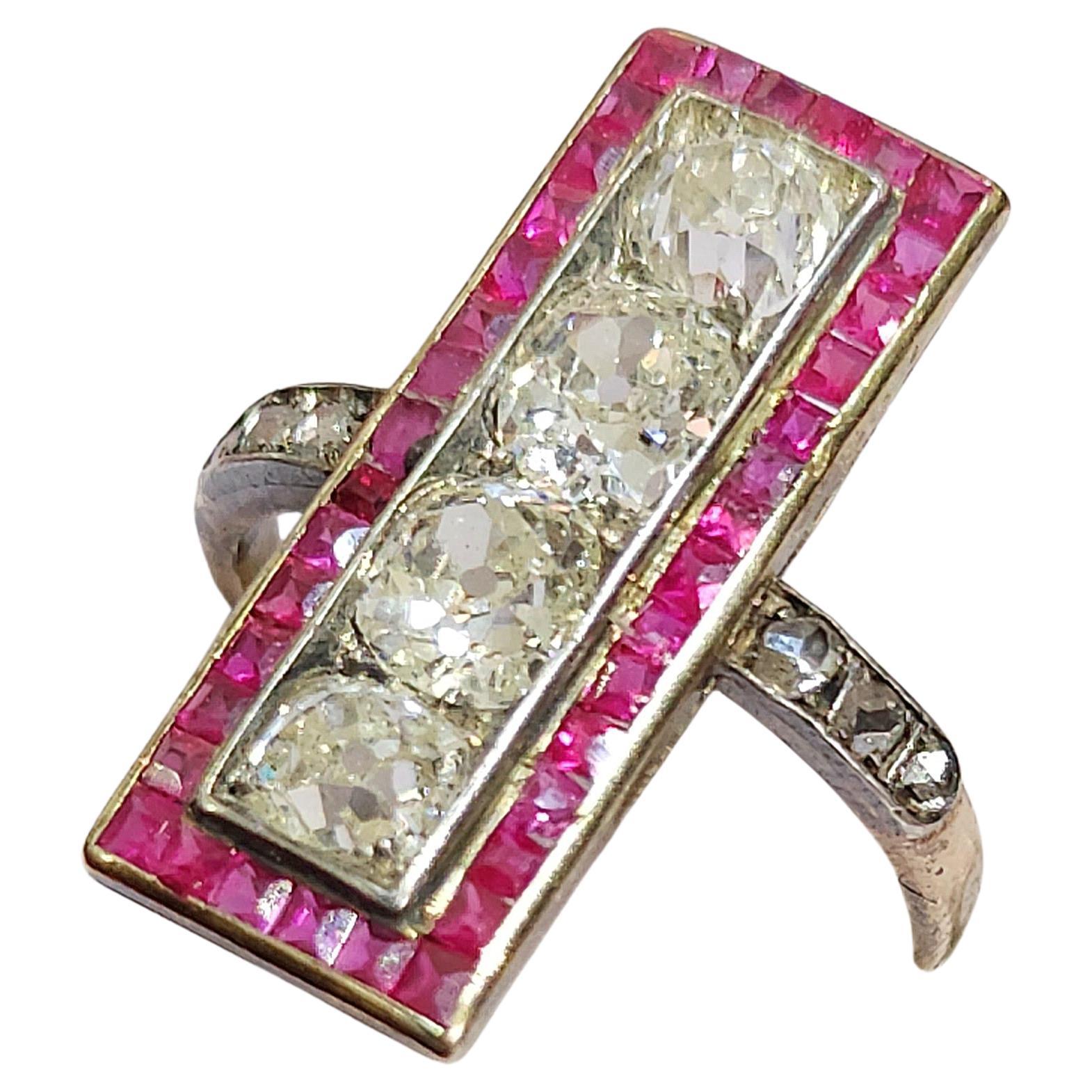 Antique 3 Carat Old Mine Cut Diamond Ruby Russian Gold Ring For Sale at ...
