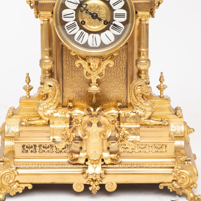 Antique Three Piece French Monumental Gilt Bronze Clock Garniture ...