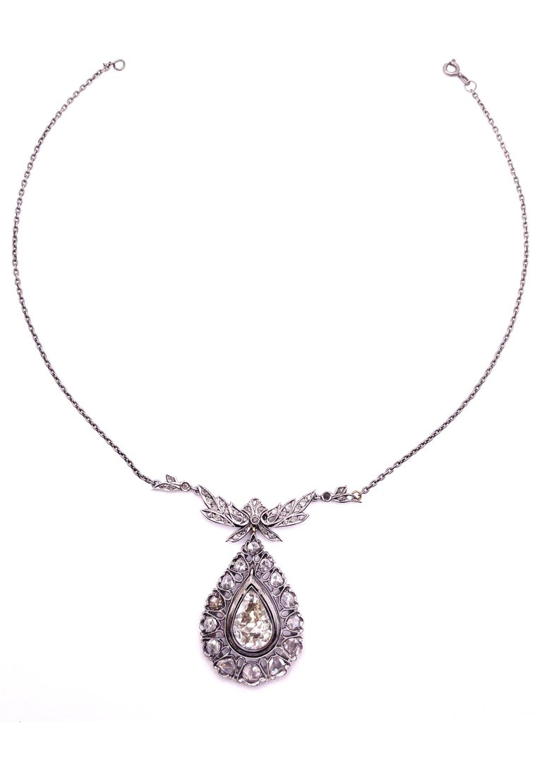Antique 4.00 Carat Russian Rose Cut Diamond 14k and Silver Necklace For ...
