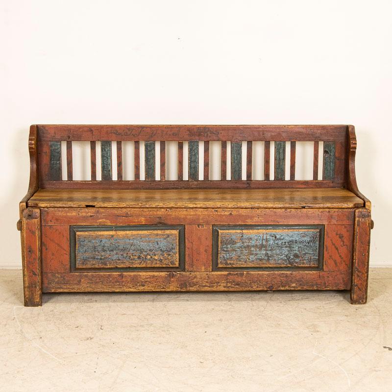Antique 6' Original Red and Blue Painted Bench with Storage Dated 1848 ...