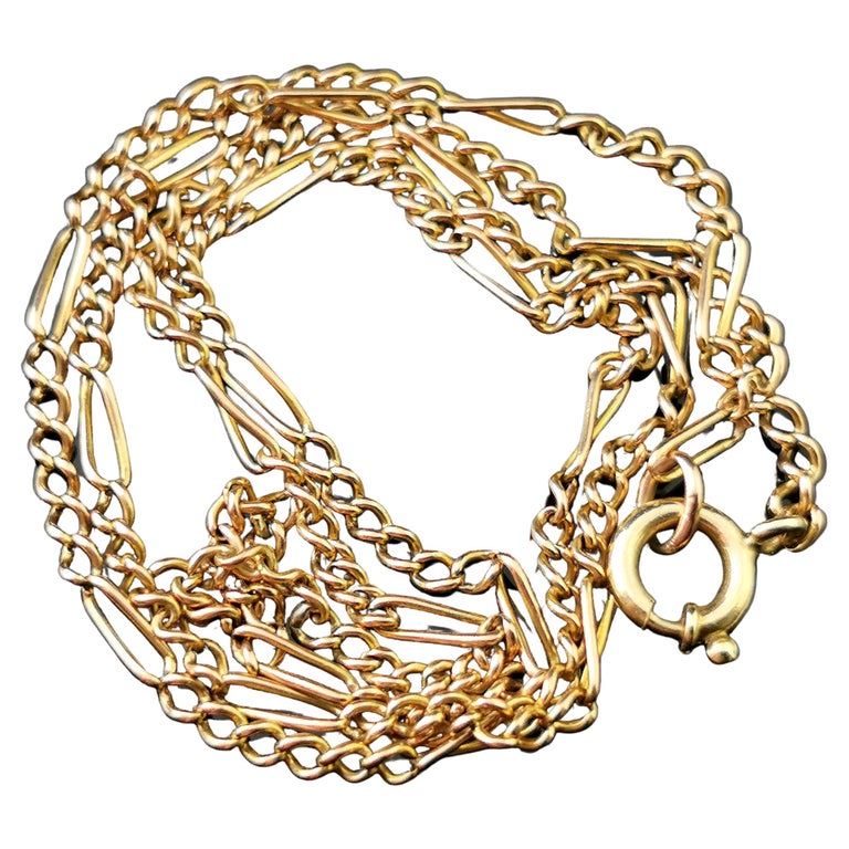 Antique 9 Karat Yellow Gold Fancy Link Figaro Chain Necklace at 1stDibs