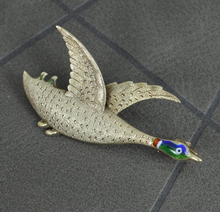 Antique 9ct Gold and Enamel Mallard Duck Brooch For Sale at 1stDibs