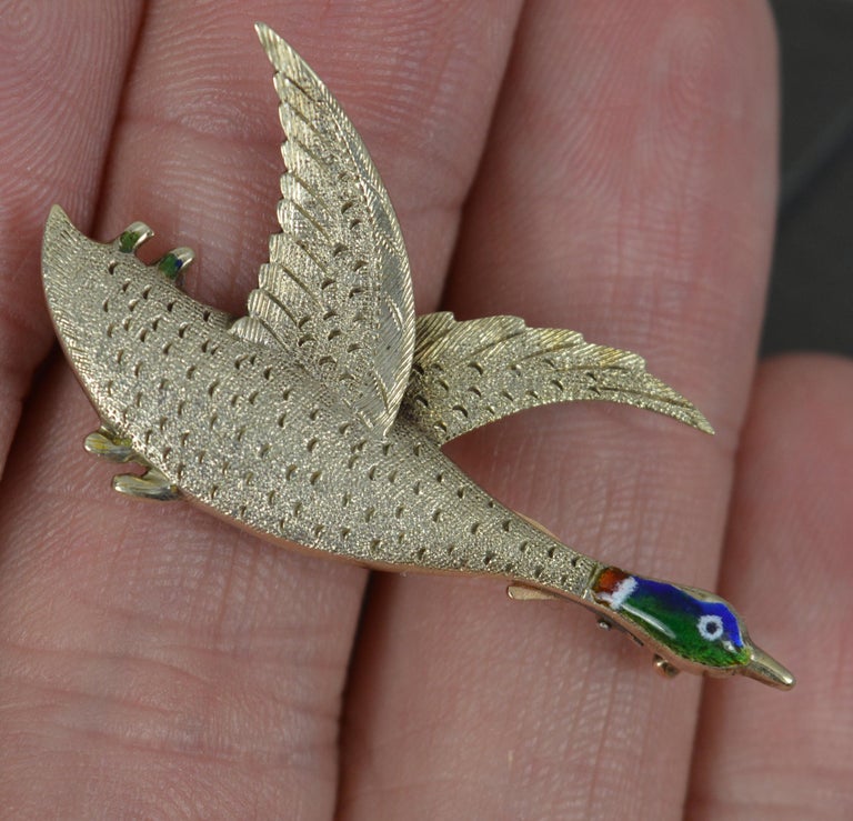 Antique 9ct Gold and Enamel Mallard Duck Brooch For Sale at 1stDibs