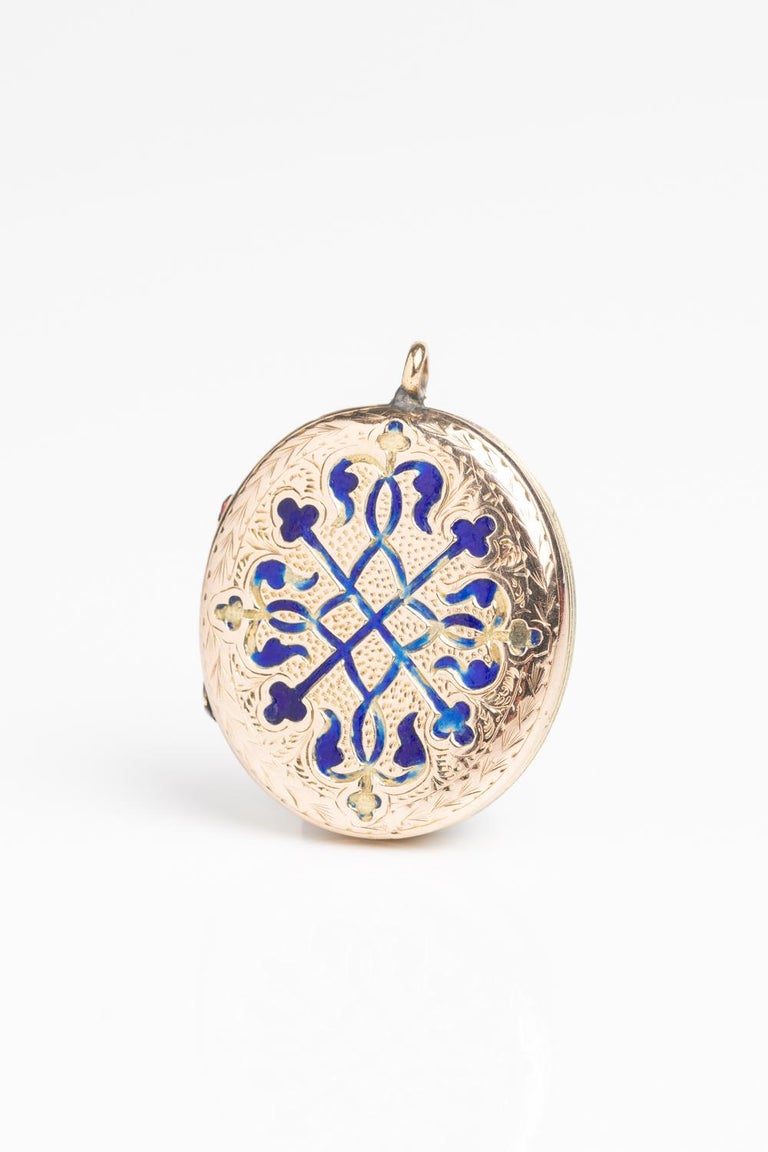 Antique 9ct Gold Front and Back Blue Enamel Locket For Sale at 1stDibs