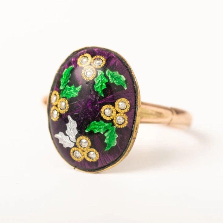 Antique 9ct Gold Purple Guilloche Enamel Ring For Sale at 1stDibs